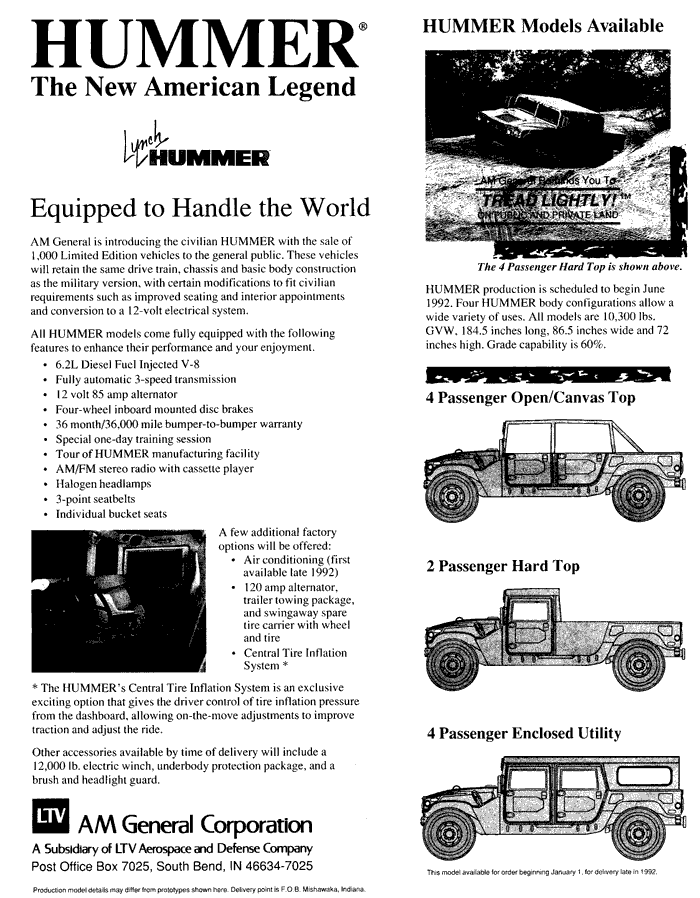 Hummer H1 1992 Model year changes.